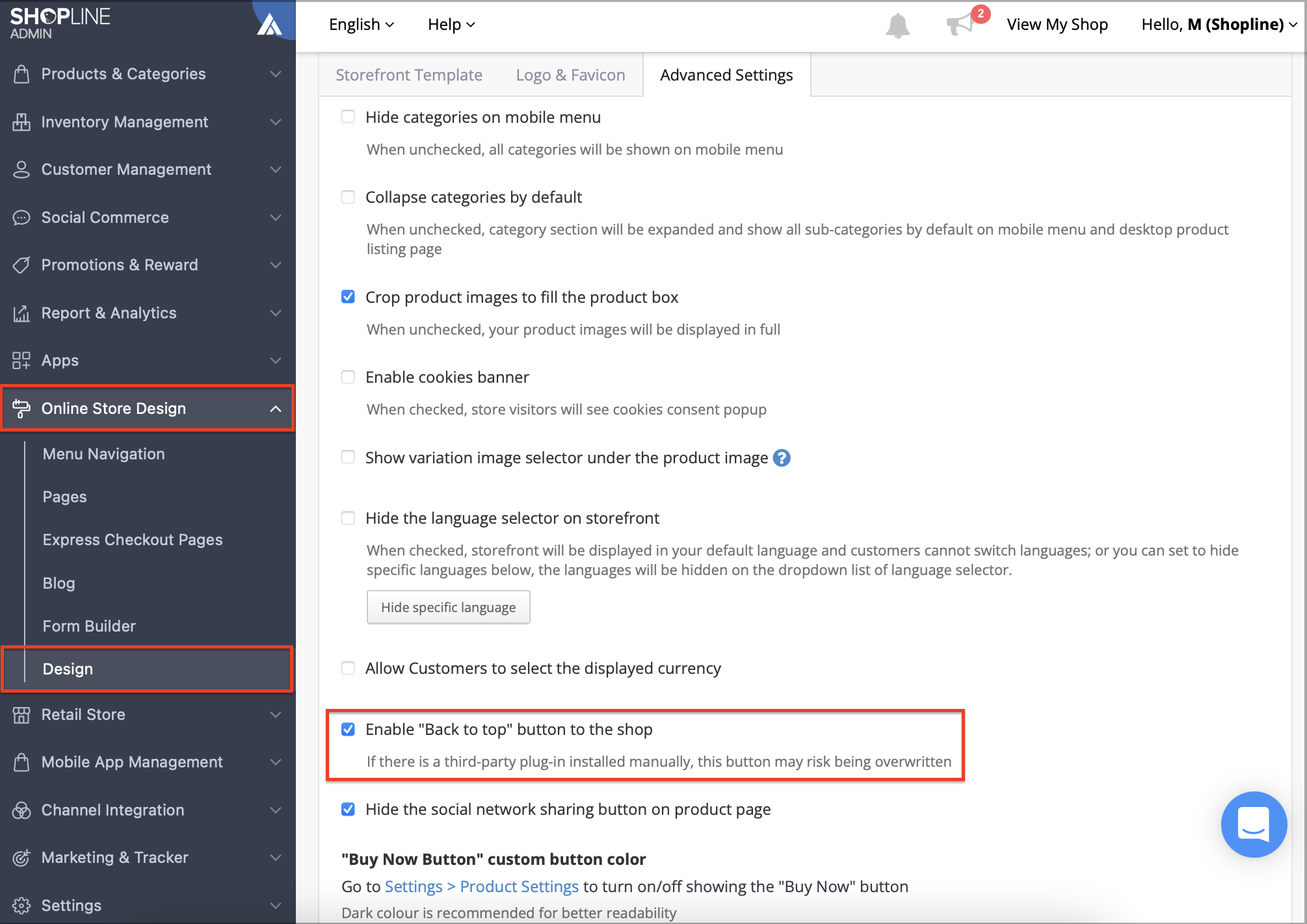 Enable "Back to top" button | Advanced Design Settings – SHOPLINE Help ...