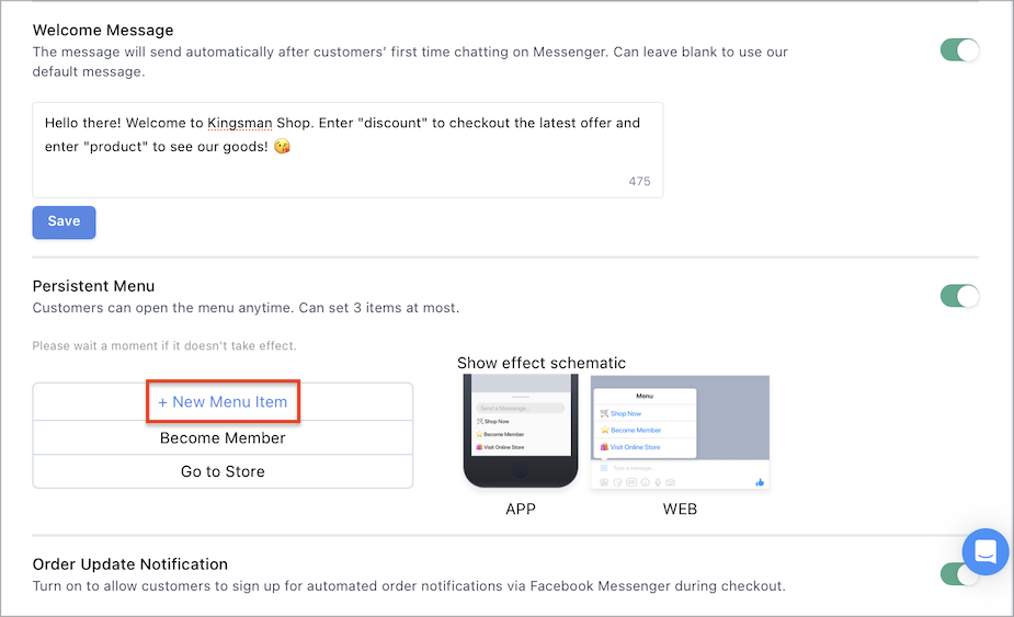 Facebook Messenger Persistent Menu and Welcome Message – SHOPLINE Help Center
