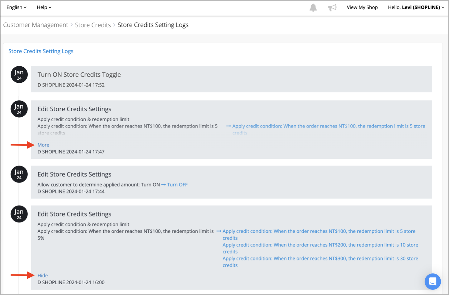 Store Credits Setting Logs – SHOPLINE Help Center